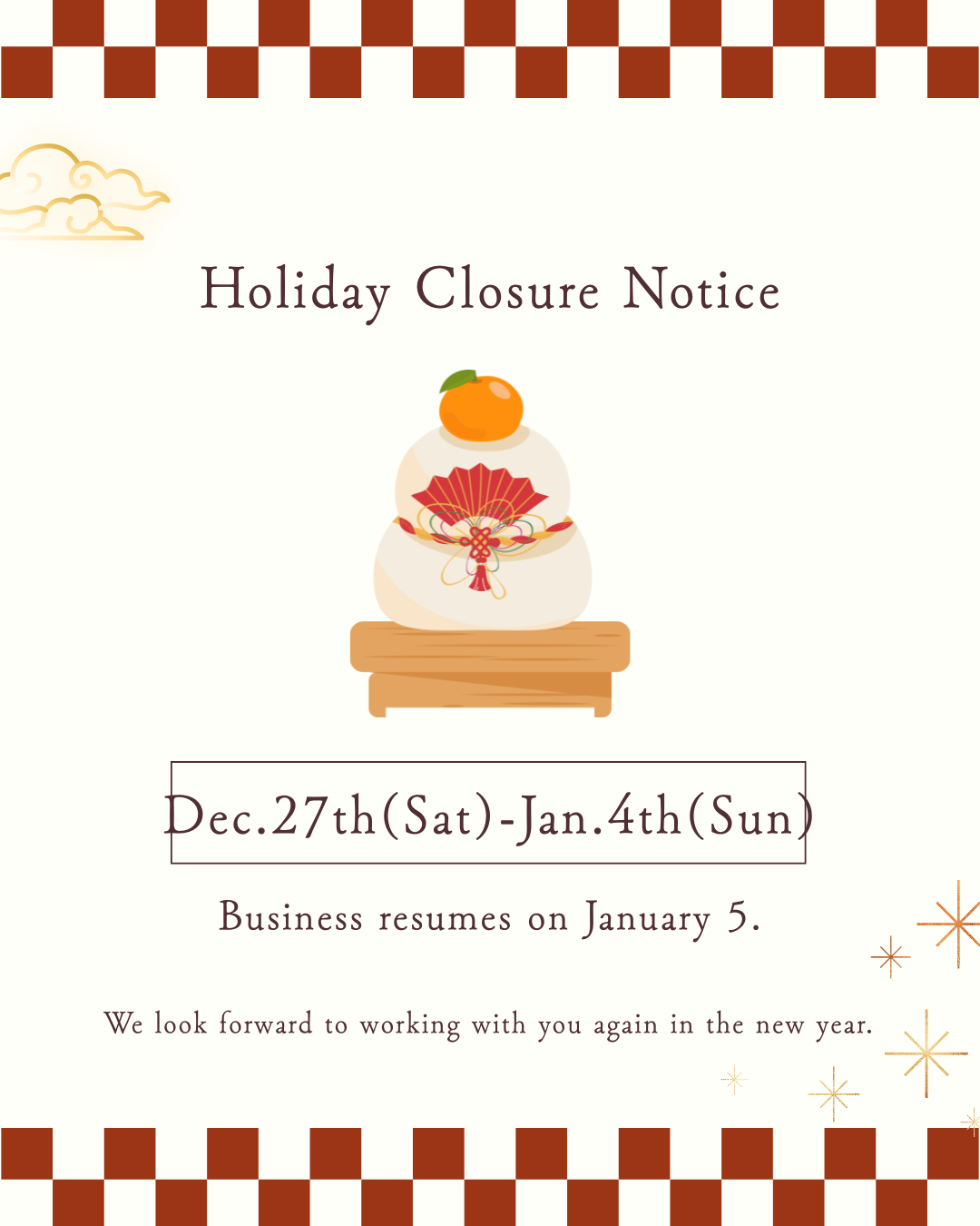 【Notice】Year-End and New Year Holidays -Dec.27th-Jan.4th- | U-MAP